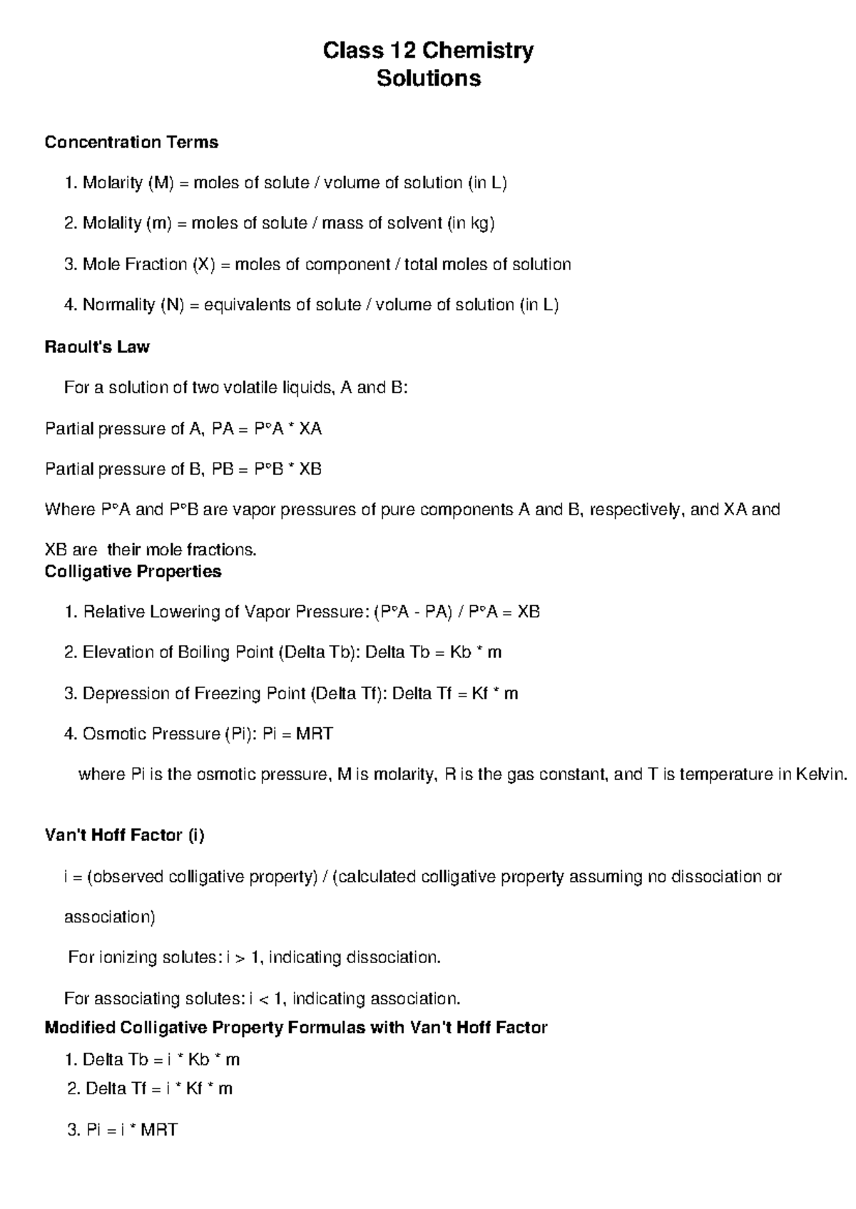 Class 12 Chemistry Solutions Formula Sheet: Concentration Terms - Studocu