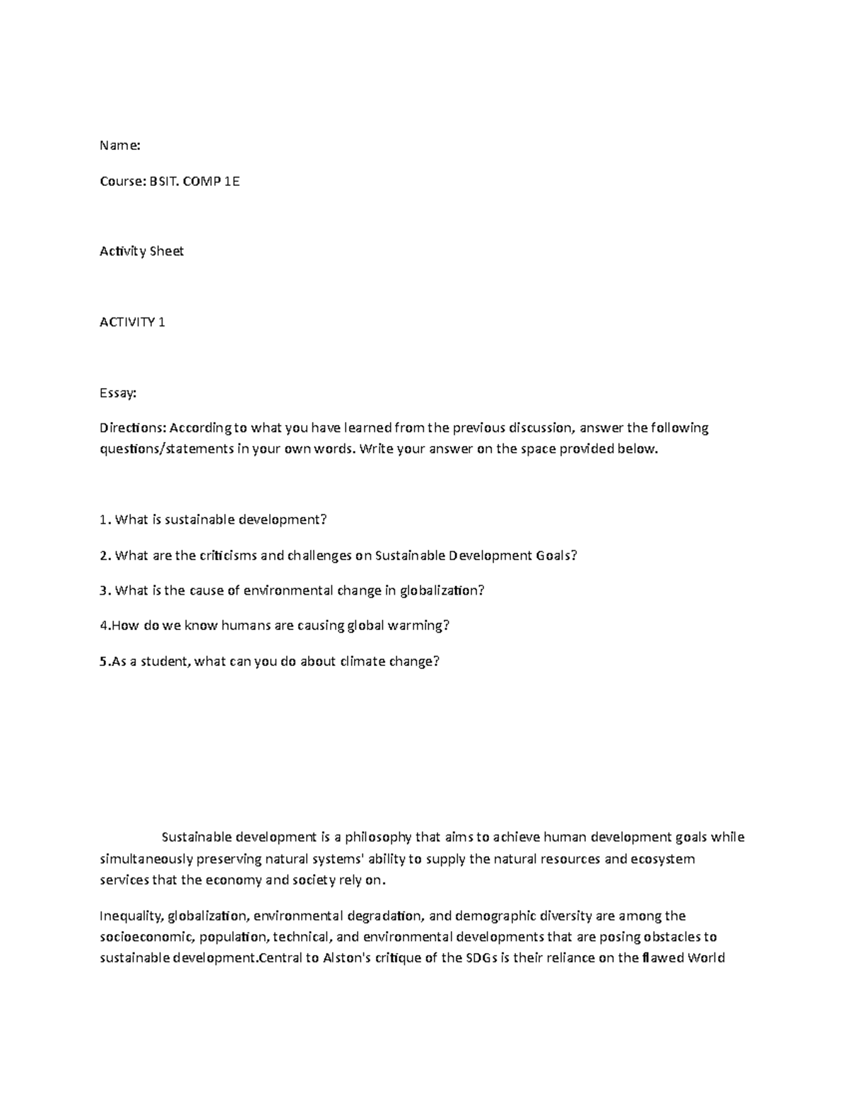 GEC 3 Chapter 12 Activity Development - Name: Course: BSIT. COMP 1E ...