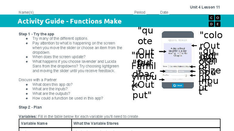 Functions Make - CSP 1, 2, 4 Unit 4 Lesson 11 Activity Guide - Studocu
