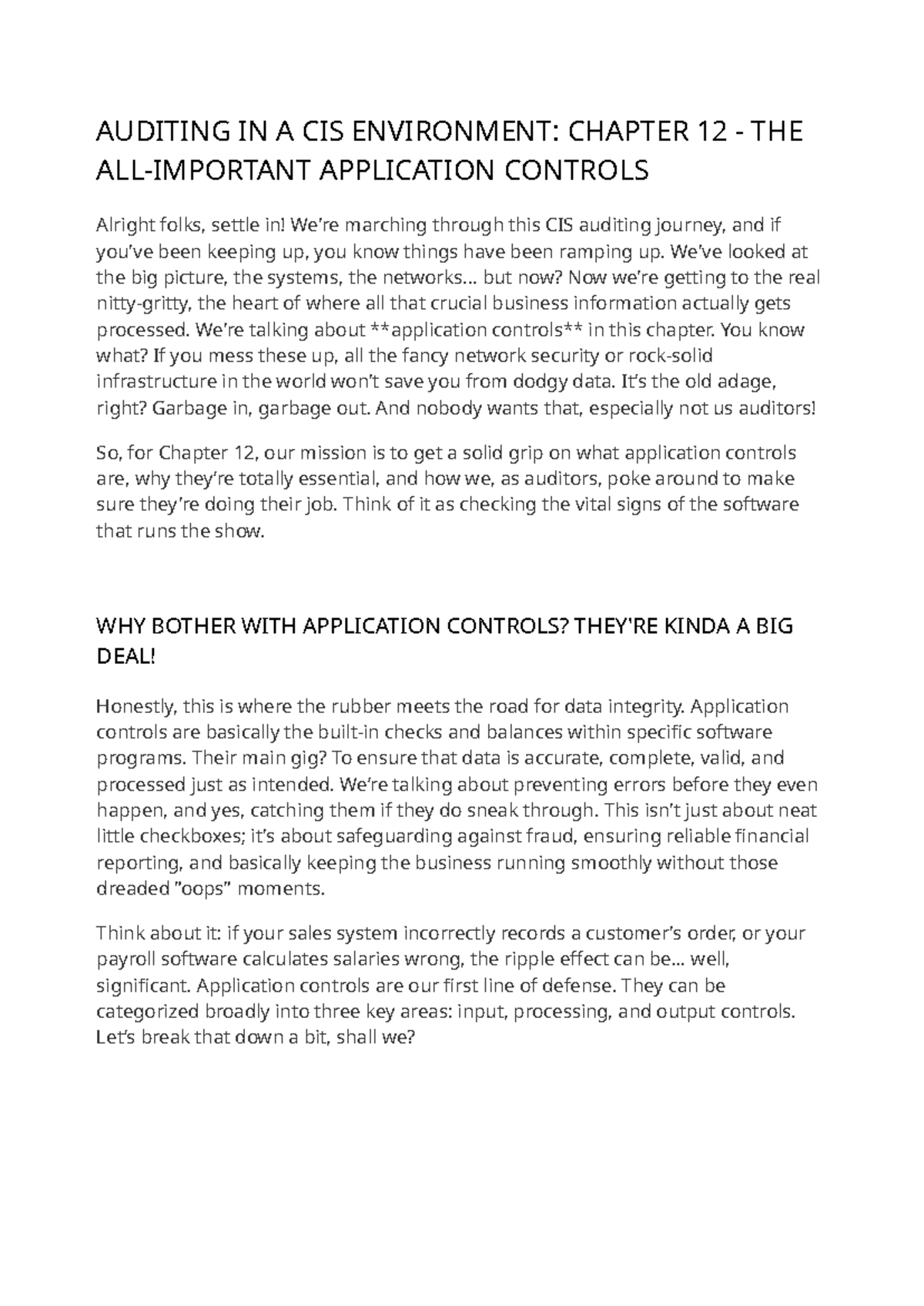 AUDITING CIS ENVIRONMENTS: CHAPTER 12 APPLICATION CONTROLS REVIEW - Studocu