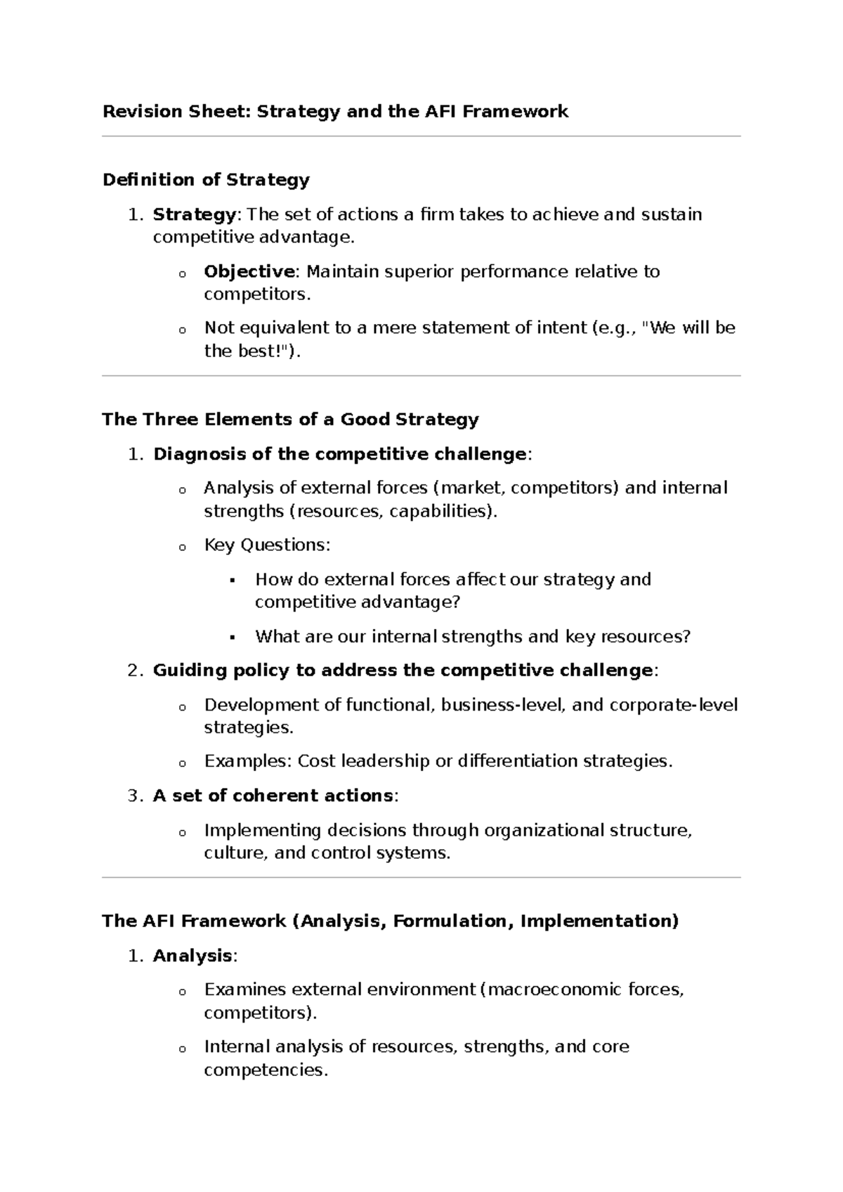 Fiche module 1 strat - Revision Sheet: Strategy and the AFI Framework ...