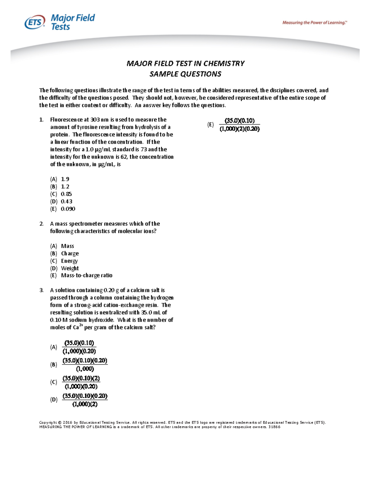 CHEM 101: Major Field Test in Chemistry Sample Questions - Studocu