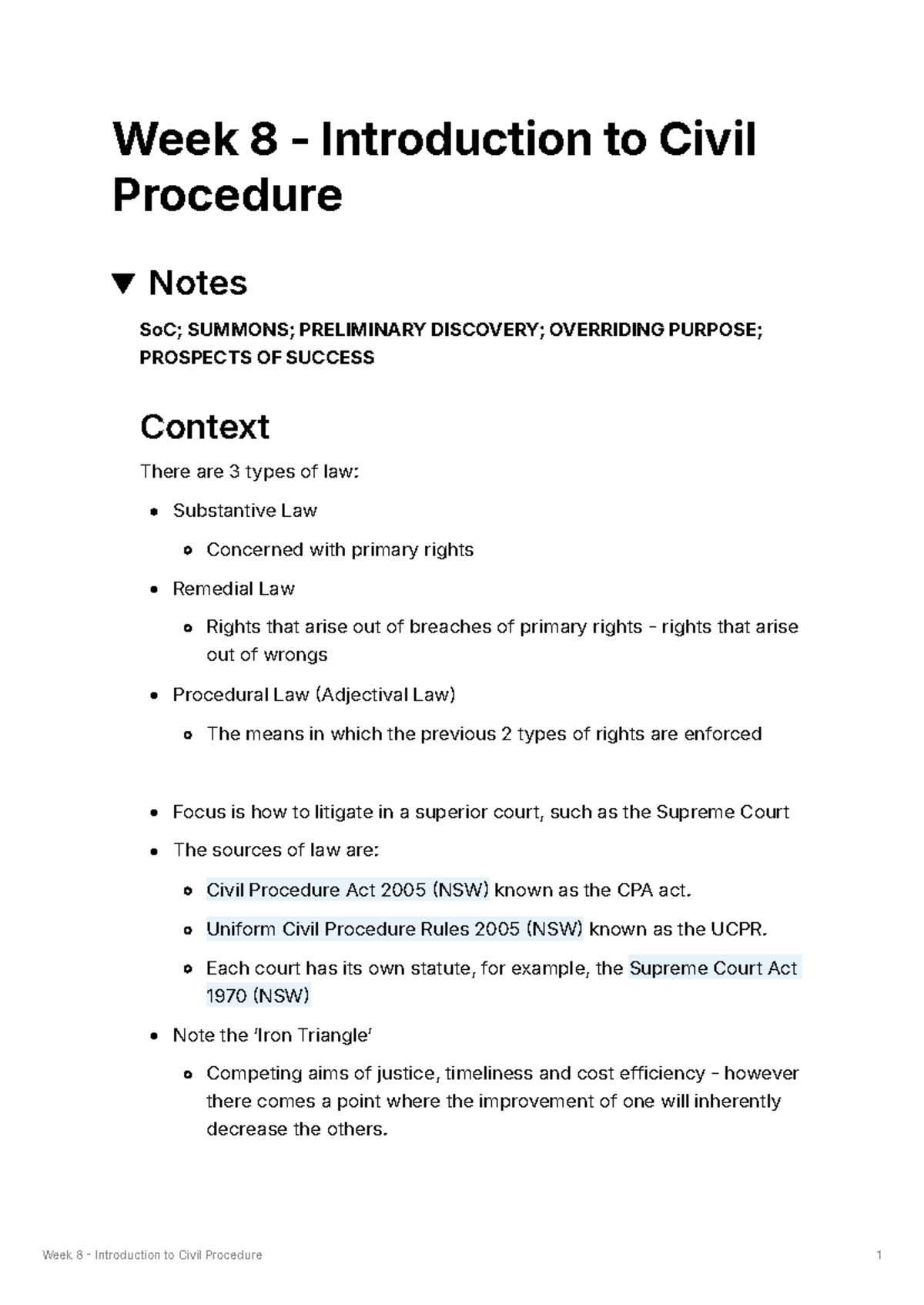 Week 8 Civil Procedure Notes: Understanding Law Types & Court Processes ...