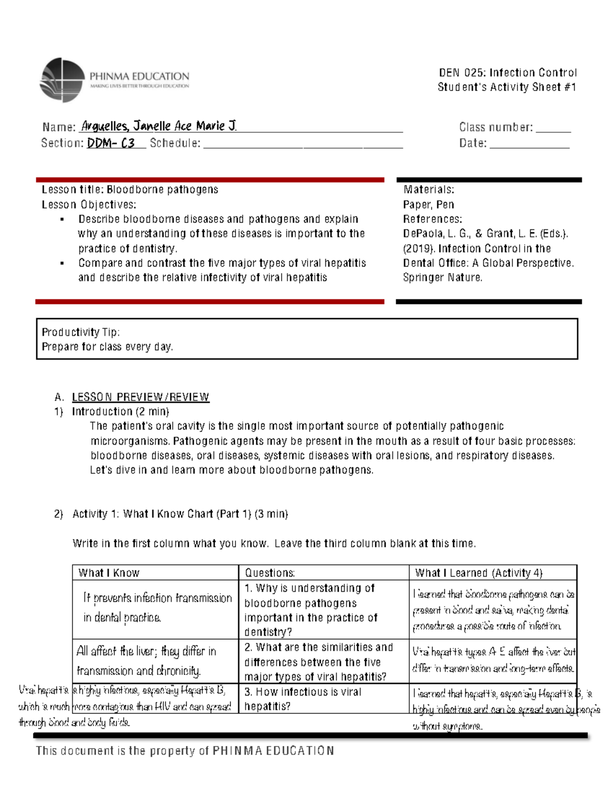 DE N 025: Infection Control Lesson Activity on Bloodborne Pathogens ...