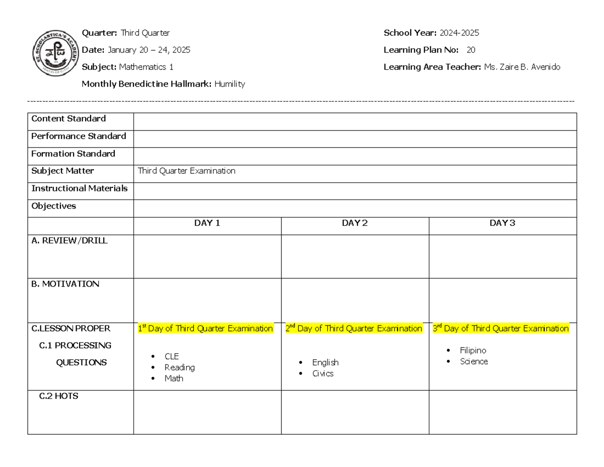 LP20 MATH 1 - lesson plan in math 1 - Quarter: Third Quarter School ...