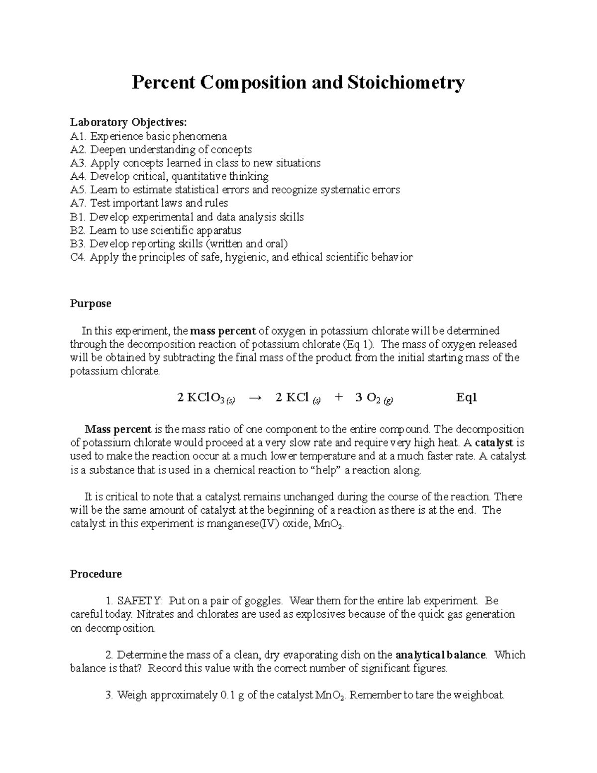 E08 Percent Composition & Stoichiometry Lab Objectives and Procedures ...