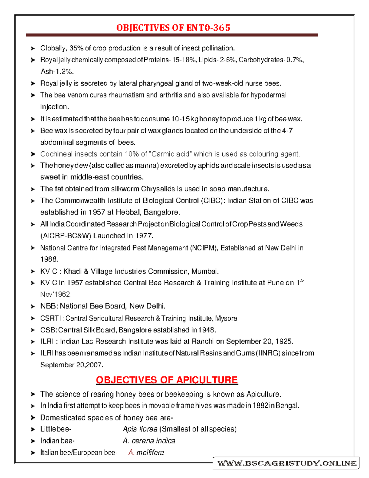 ENTO 365: Objectives of Insect Pollination and Apiculture - Studocu