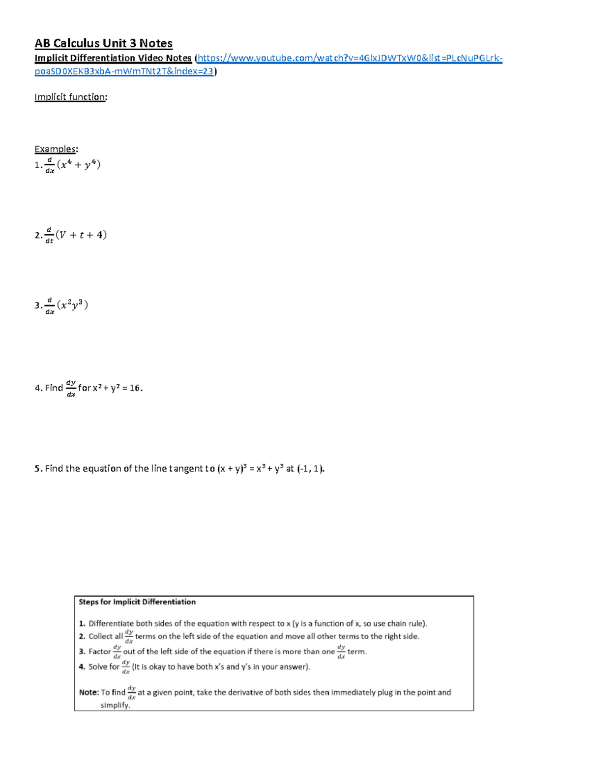 AB Calculus Unit 3: Implicit Differentiation & Related Rates Notes ...