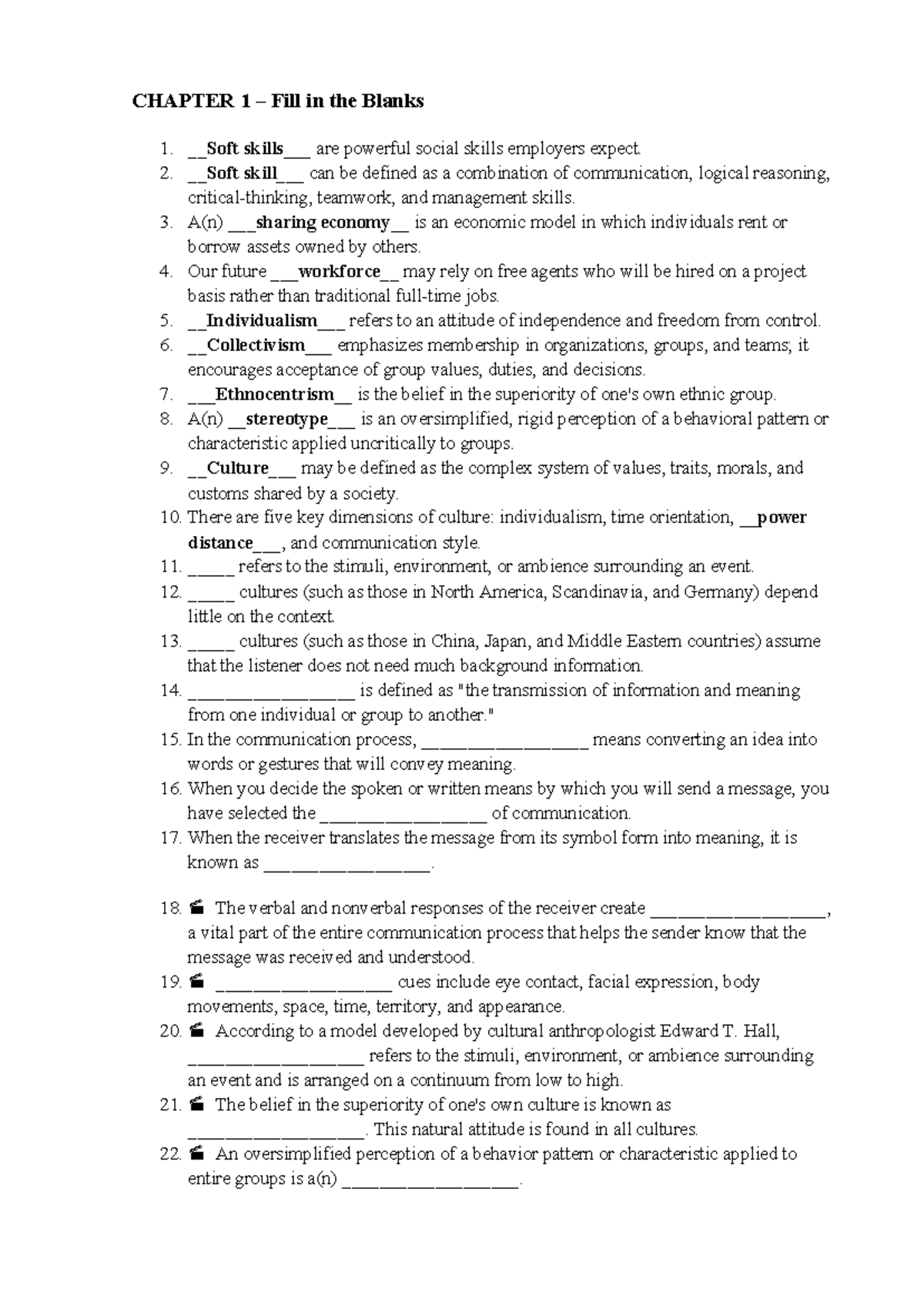 CHAPTER 1 Fill in the Blanks - Soft Skills and Cultural Communication ...