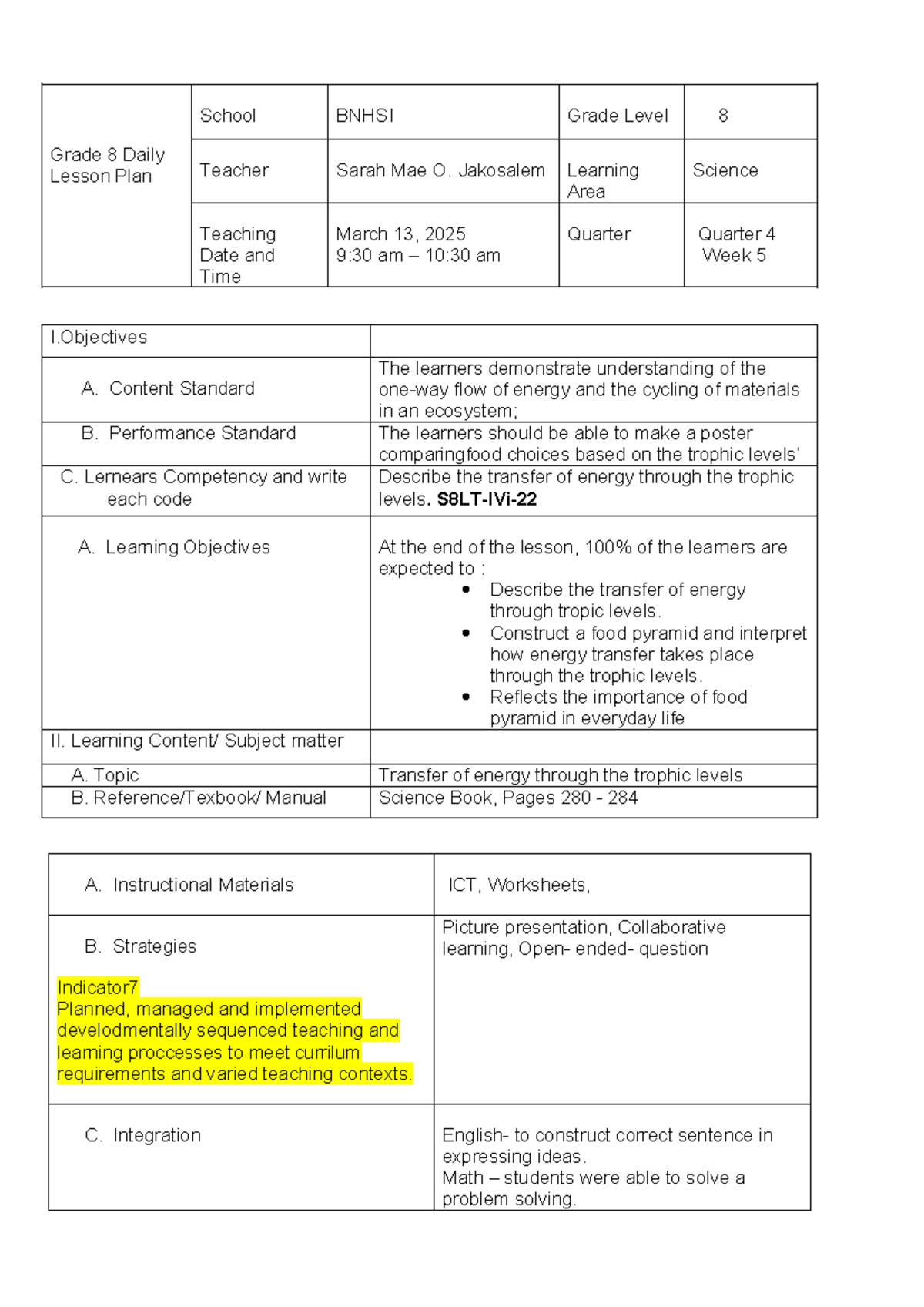 Grade 8 BNSI: Daily Lesson Plan on Food Pyramid - 4th Quarter - Studocu