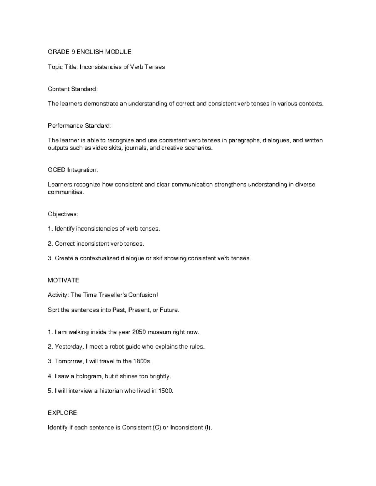 Grade 9 English Module: Inconsistencies of Verb Tenses - Studocu