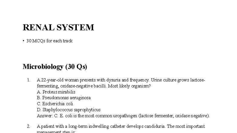 Renal System MCQs: Microbiology & Clinical Sciences (30 Qs) - Studocu