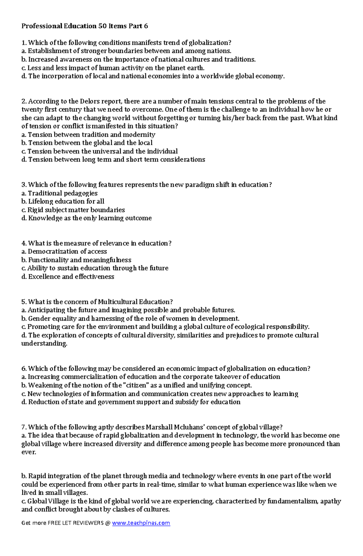 Professional Education Quiz 50 Items Part 6 - Studocu