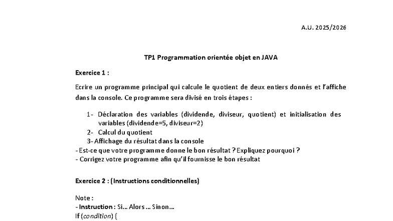 TP1 JA - Programmation Orientée Objet en JAVA: Exercices et Solutions - Studocu