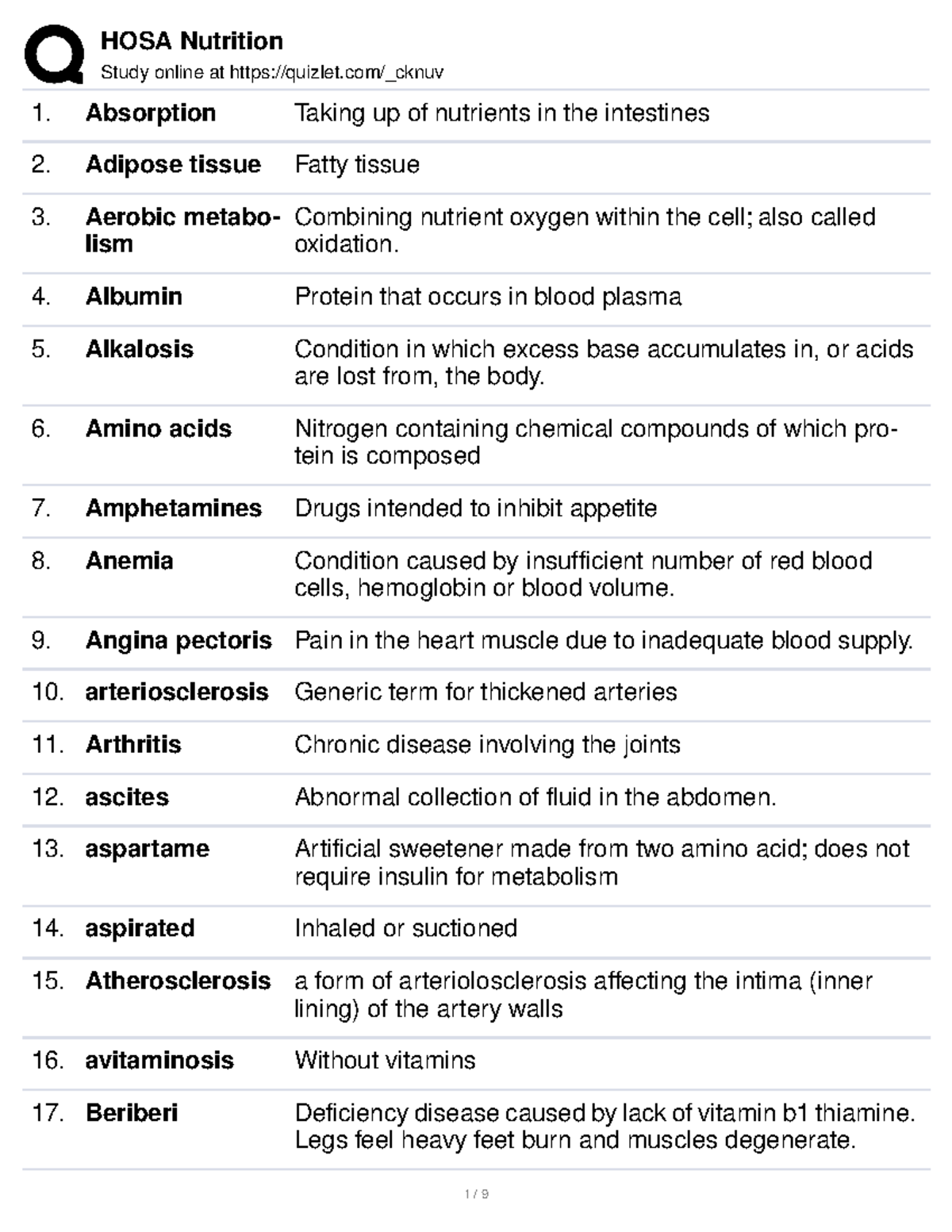Nutrition Vocabulary Study Guide for Course NUTR 101 - Studocu