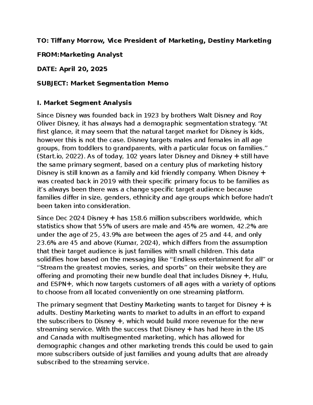 Assignment 2 - Market Segmentation Memo for Disney Marketing - Studocu