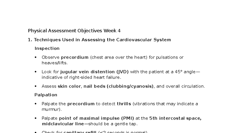 Physical Assessment Objectives: Cardiovascular System Techniques - Week ...
