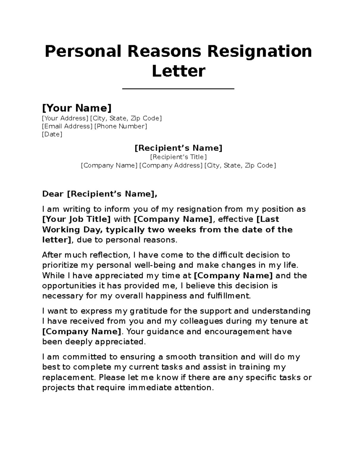 Personal Reasons Resignation Letter Template for Professionals - Studocu