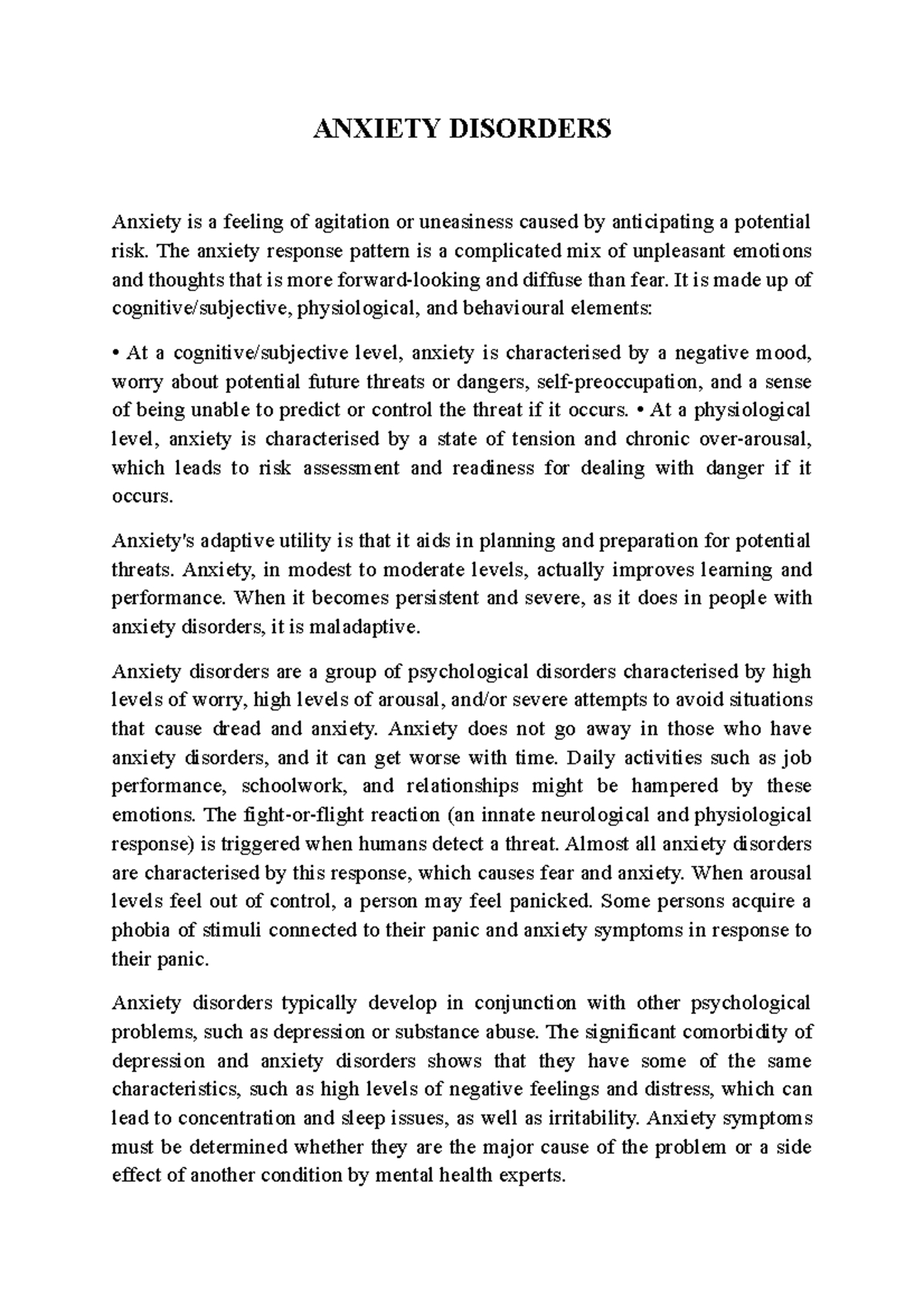 Anxiety Disorders - Lecture notes 4 - ANXIETY DISORDERS Anxiety is a ...