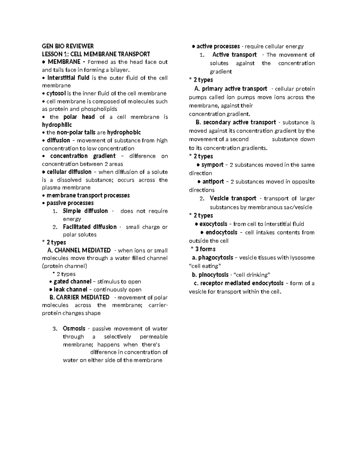 GEN BIO REVIEWER: CELL MEMBRANE TRANSPORT & BIOCHEMISTRY - Studocu