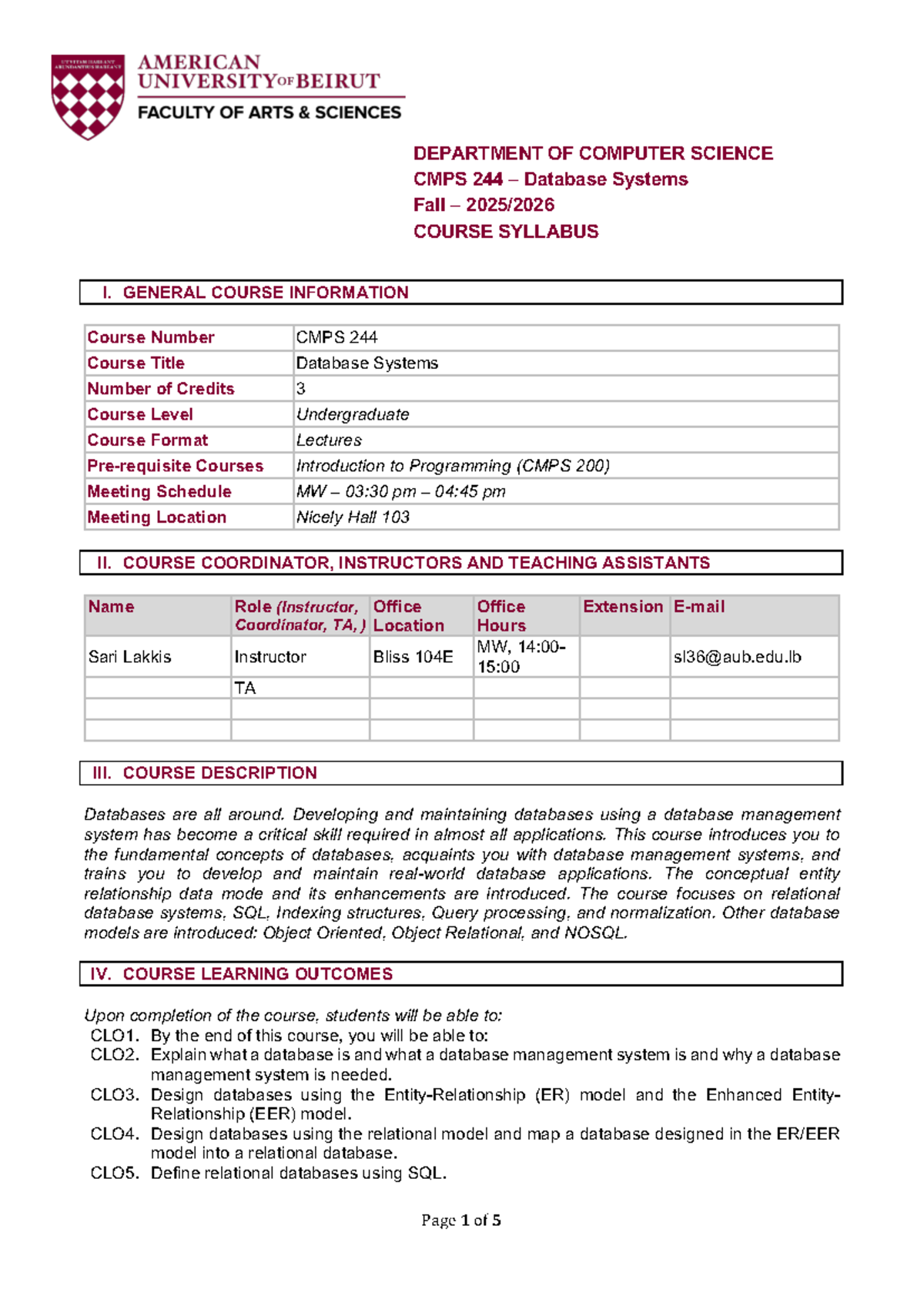 CMPS 244 Database Systems Course Syllabus - Fall 2025-2026 - Studocu