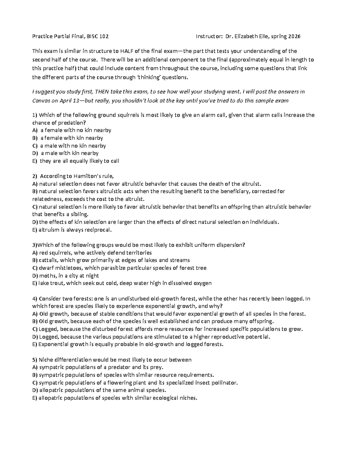 Practice Partial Final Exam Review, BISC 102, Spring 2026 - Studocu