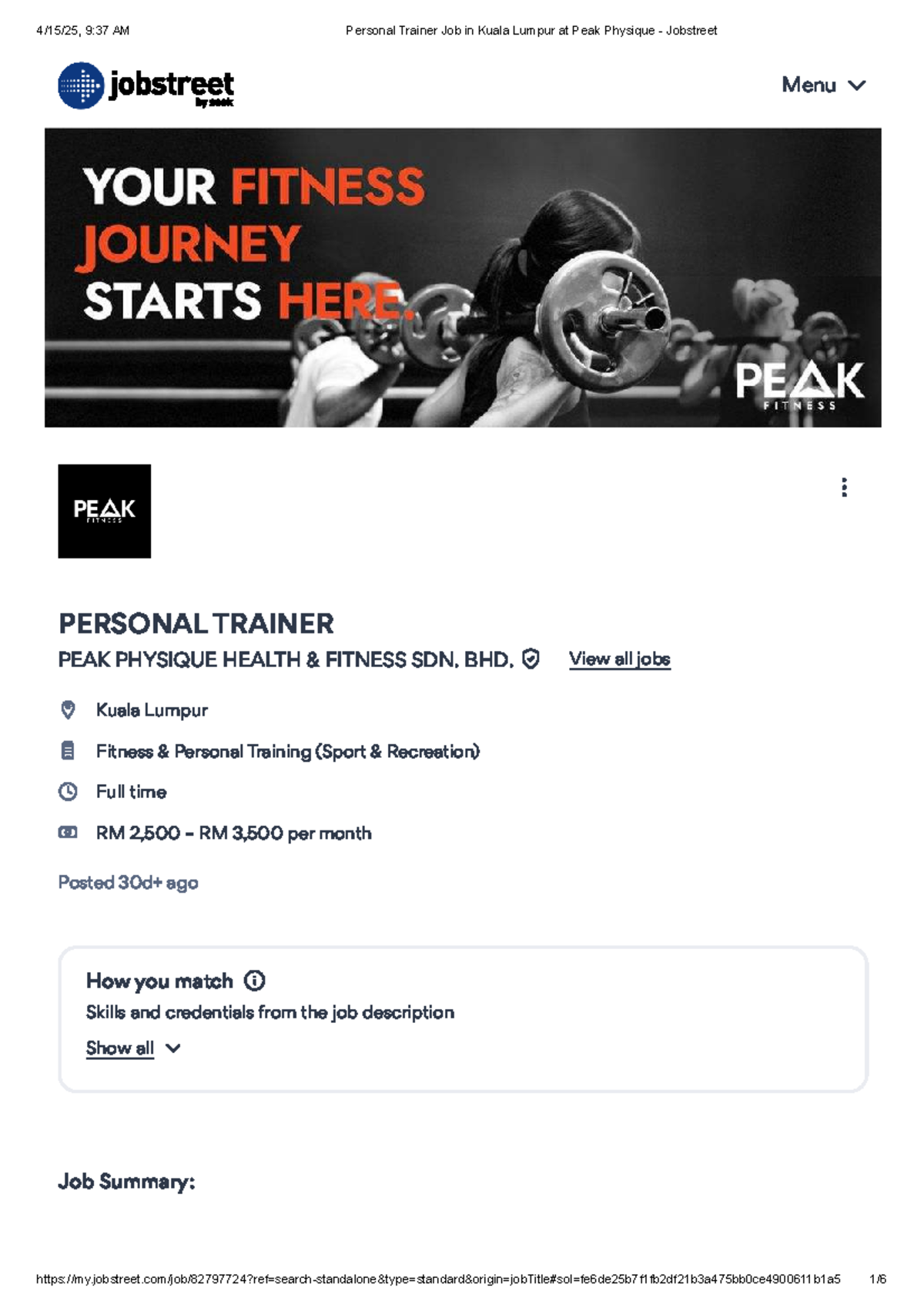 ELC590 Job Summary: Personal Trainer Position at Peak Physique, KL ...