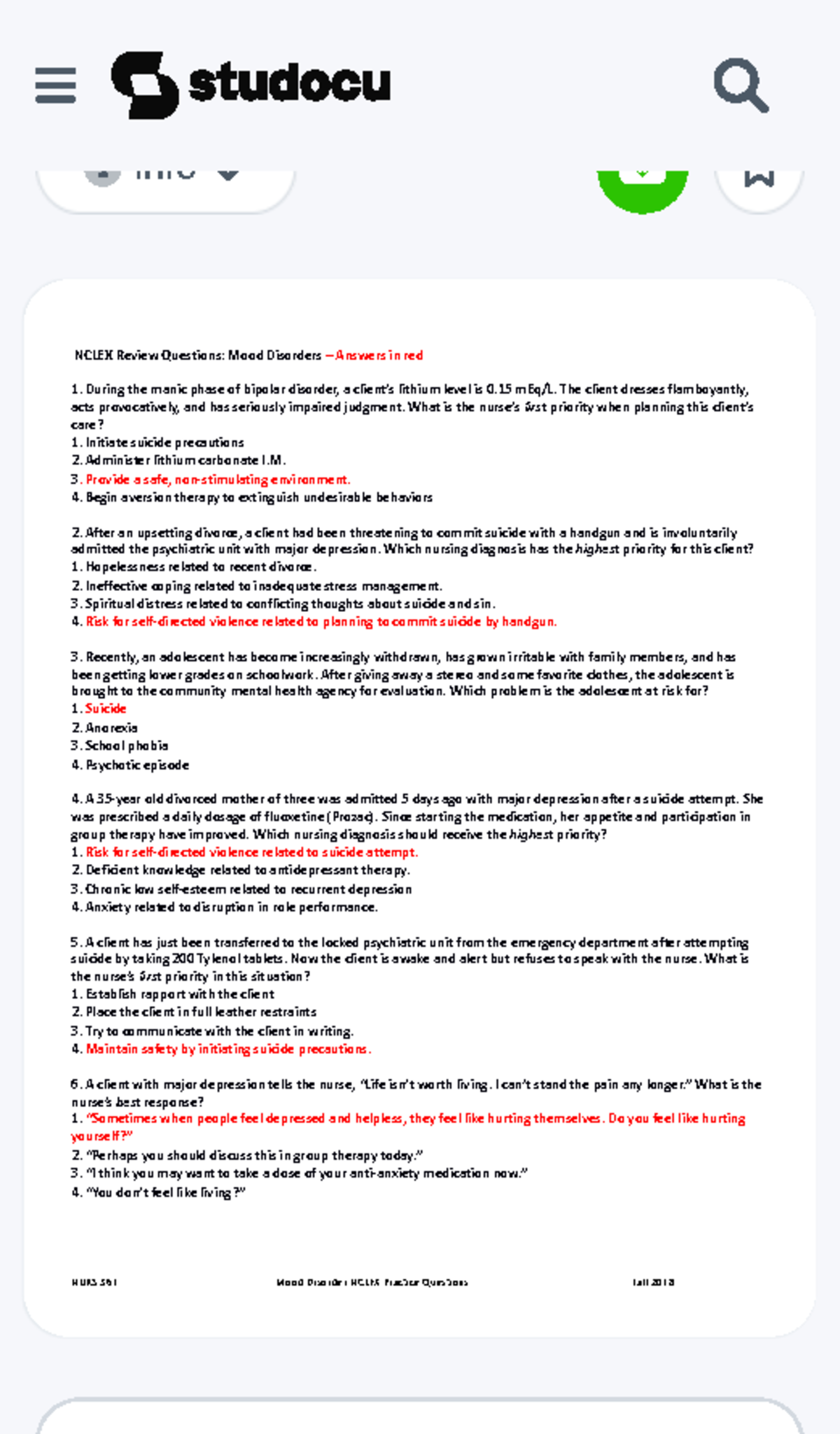 NURS 361 Mood Disorders NCLEX Review Questions with Answers - Studocu