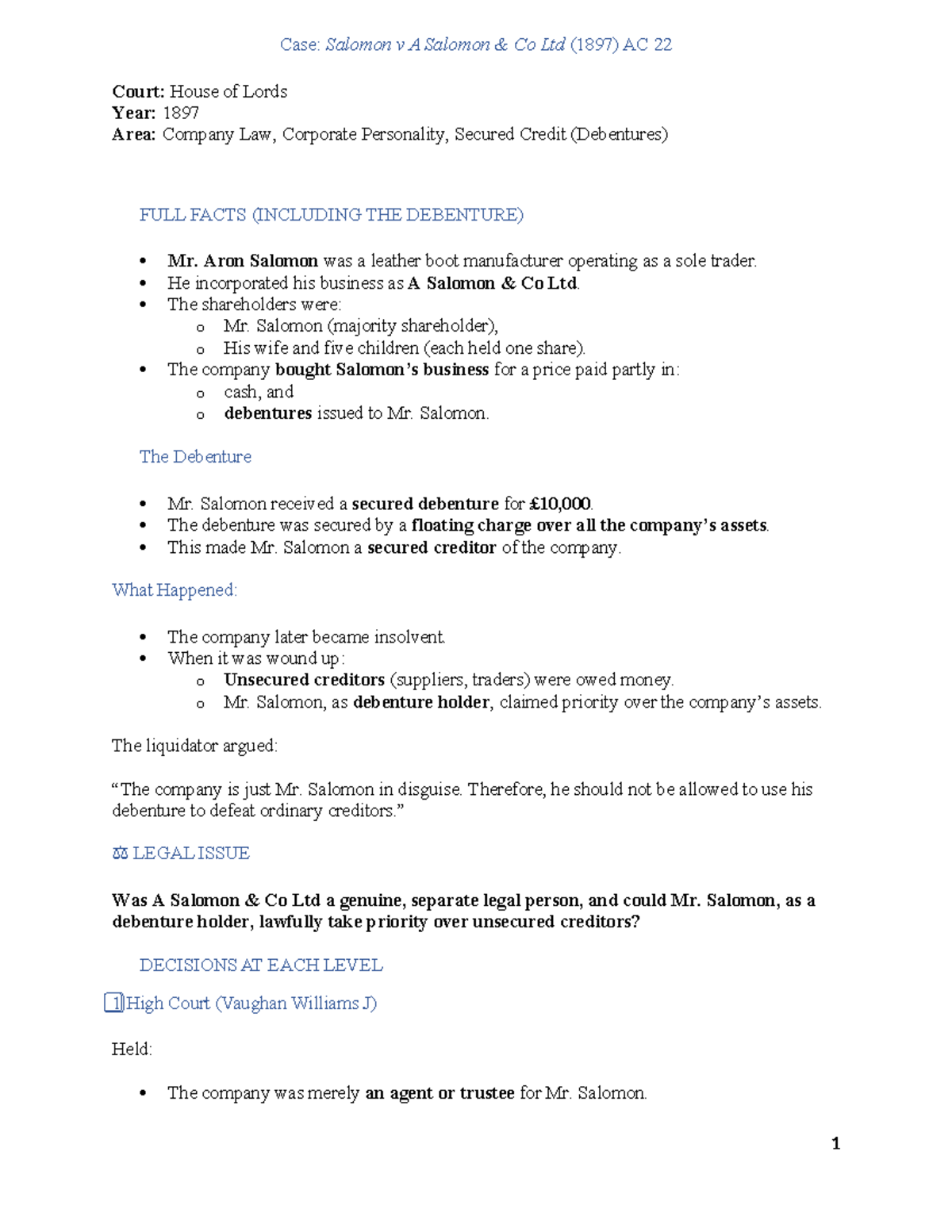 Company Law Case Summary: Salomon v A Salomon Co Ltd (1897) - Studocu