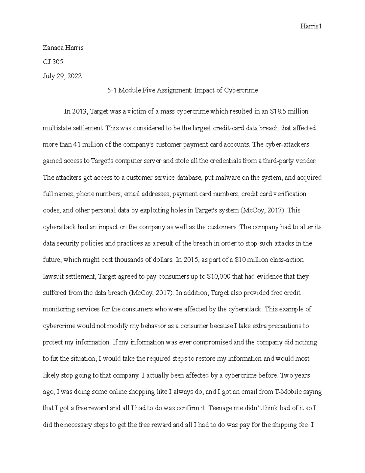 CJ 305 5-1 Module Five Assignment: Analyzing the Impact of Cybercrime ...