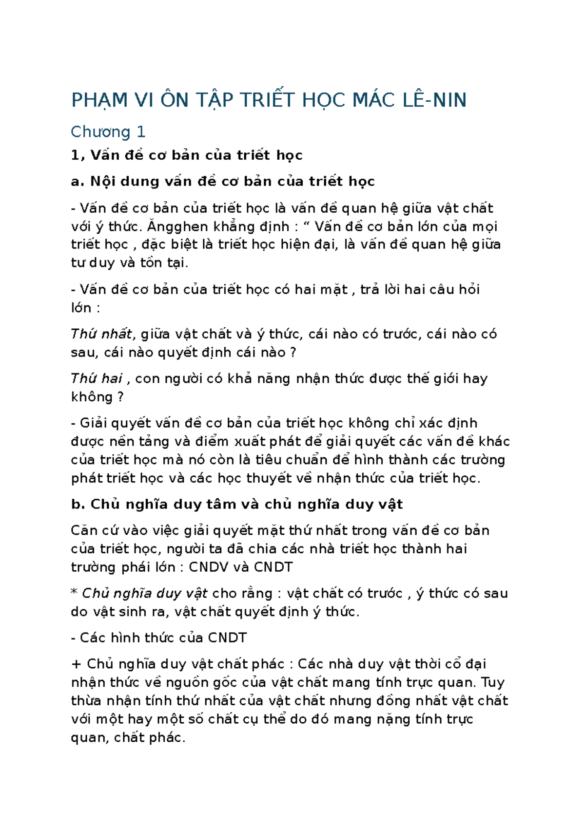 Ôn Tập Triết Học Mác - Lênin: Chương 1 & 2 - Studocu