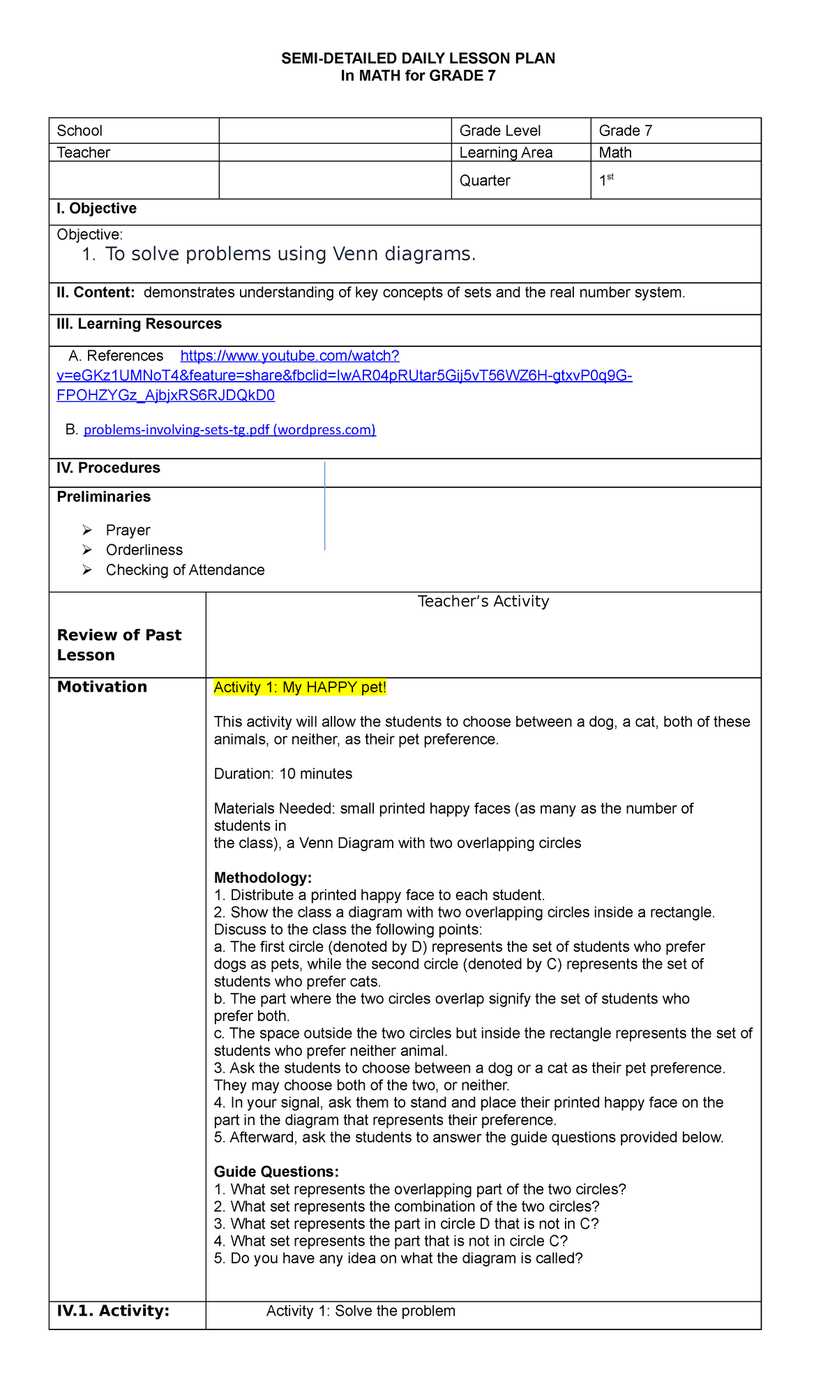 SEMI-Detailed Lesson Plan in Math for Grade 7: Venn Diagrams - Studocu