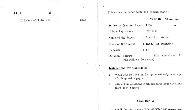 Statistical Inference (H) IV Sem: Question Paper 1154 - Studocu