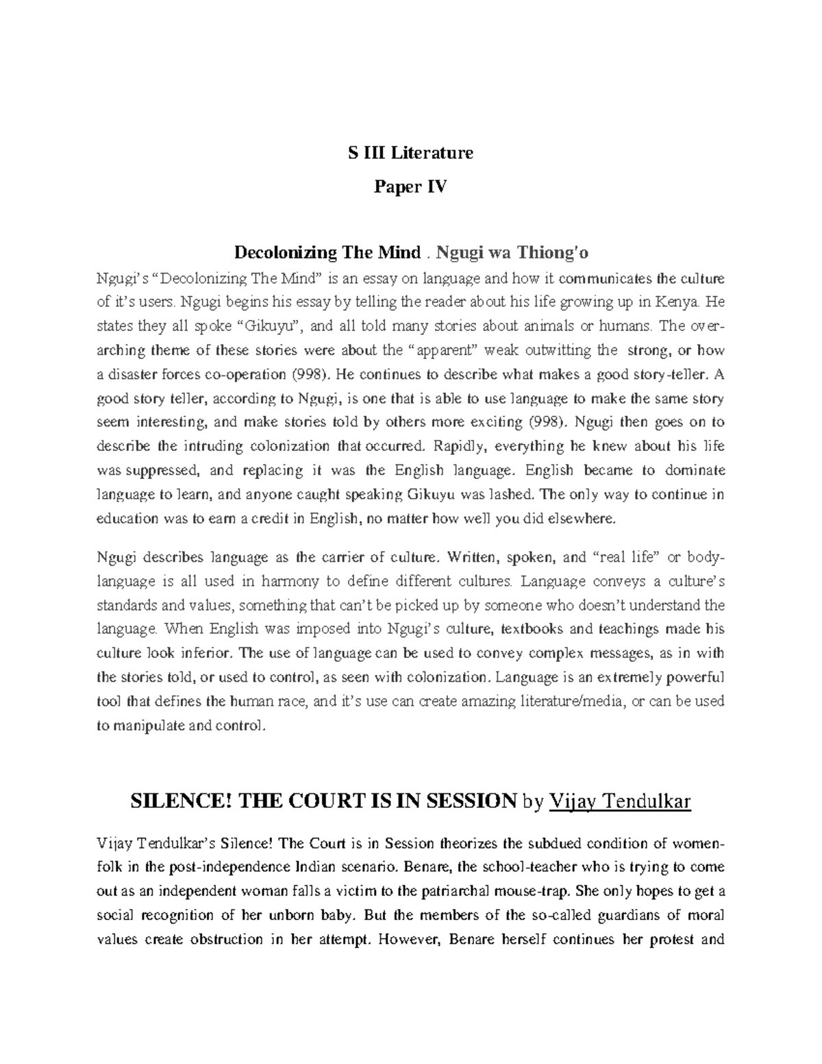 S III Literature Paper IV: Summary of Silence! The Court Is In Session ...