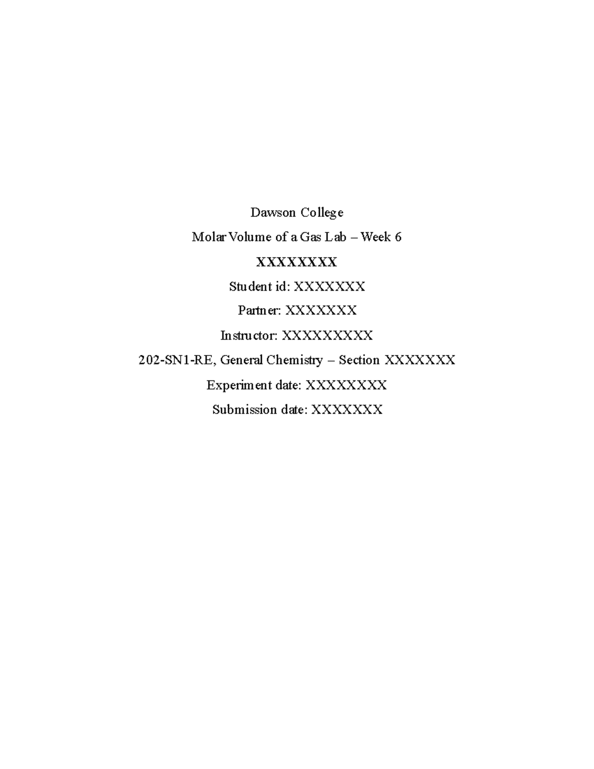 Dawson College General Chemistry Lab: Molar Volume of Hydrogen Gas ...