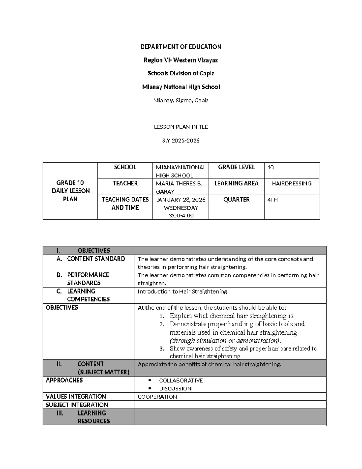 TLE 10 Daily Lesson Plan: Hair Straightening Techniques - Studocu