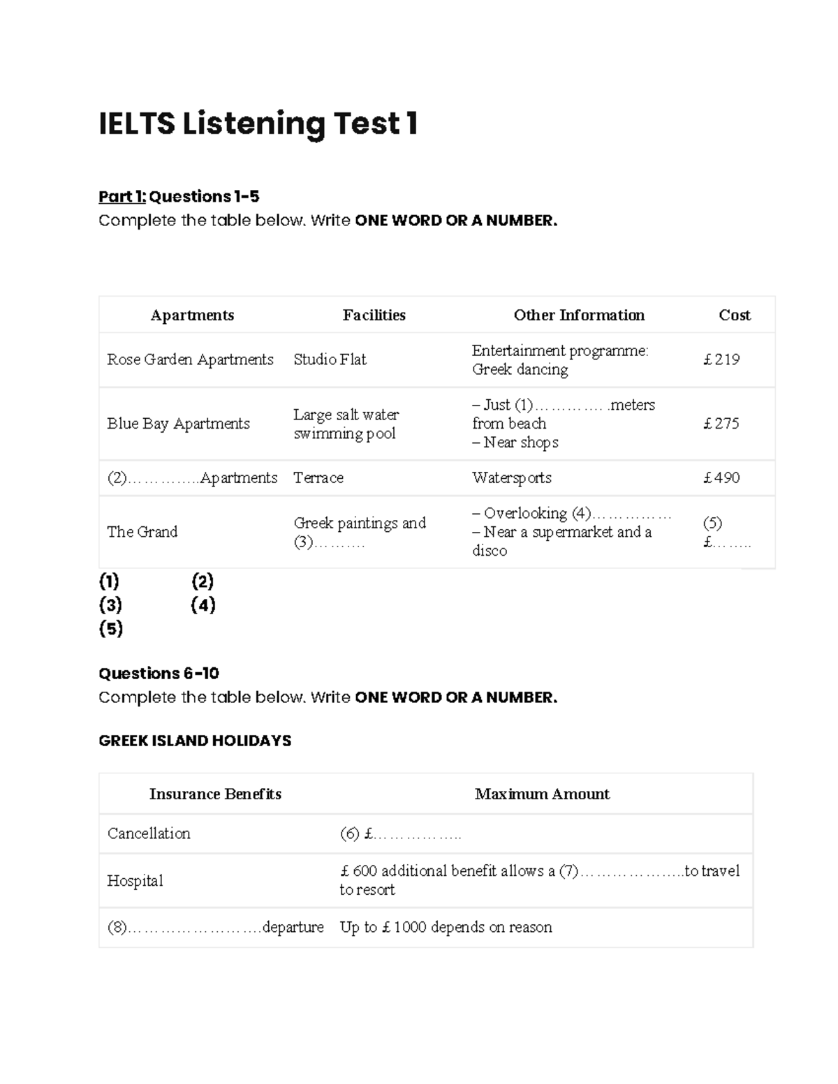 IELTS Listening Test 1: Complete the Table and Answer Questions - Studocu