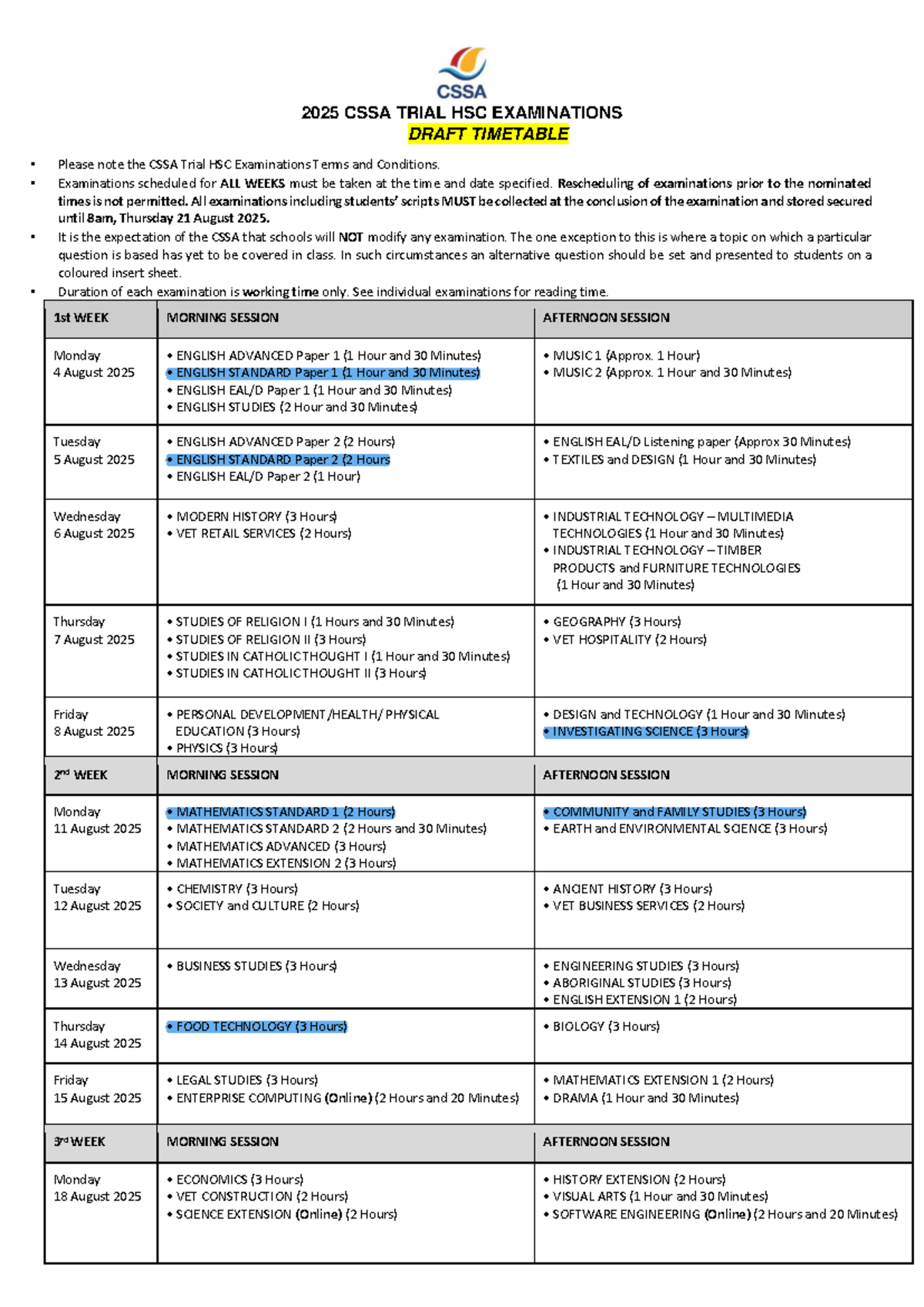 2025 CSSA Trial HSC Exam Draft Timetable and Guidelines - Studocu