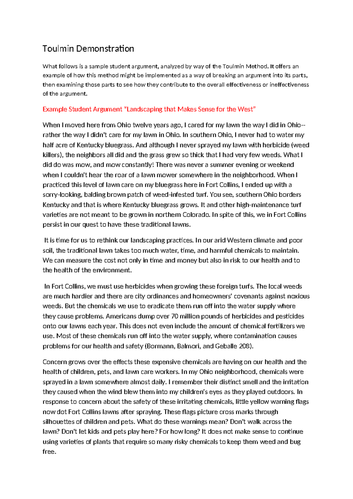 Toulmin Method Analysis: Rethinking Lawn Care in Fort Collins - Studocu