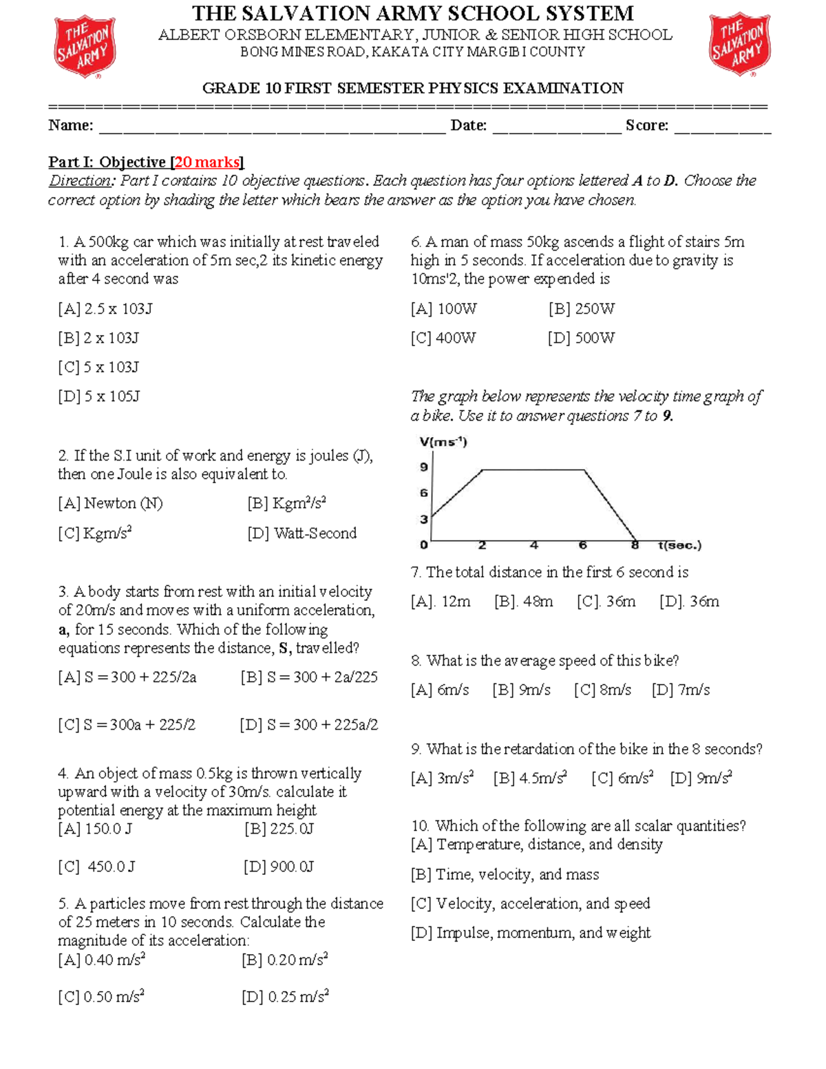 10th Grade Physics Exam (PHYS 101) - First Semester - Studocu
