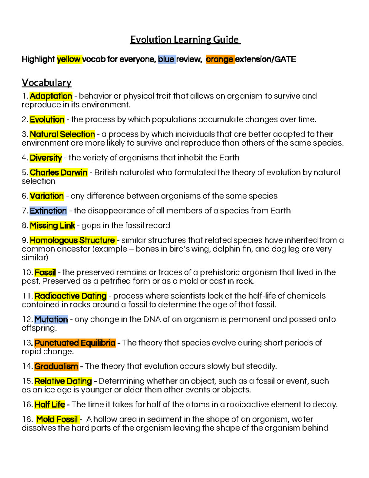 Evolution Learning Guide: Key Concepts & Vocabulary for S7L5 Exam - Studocu