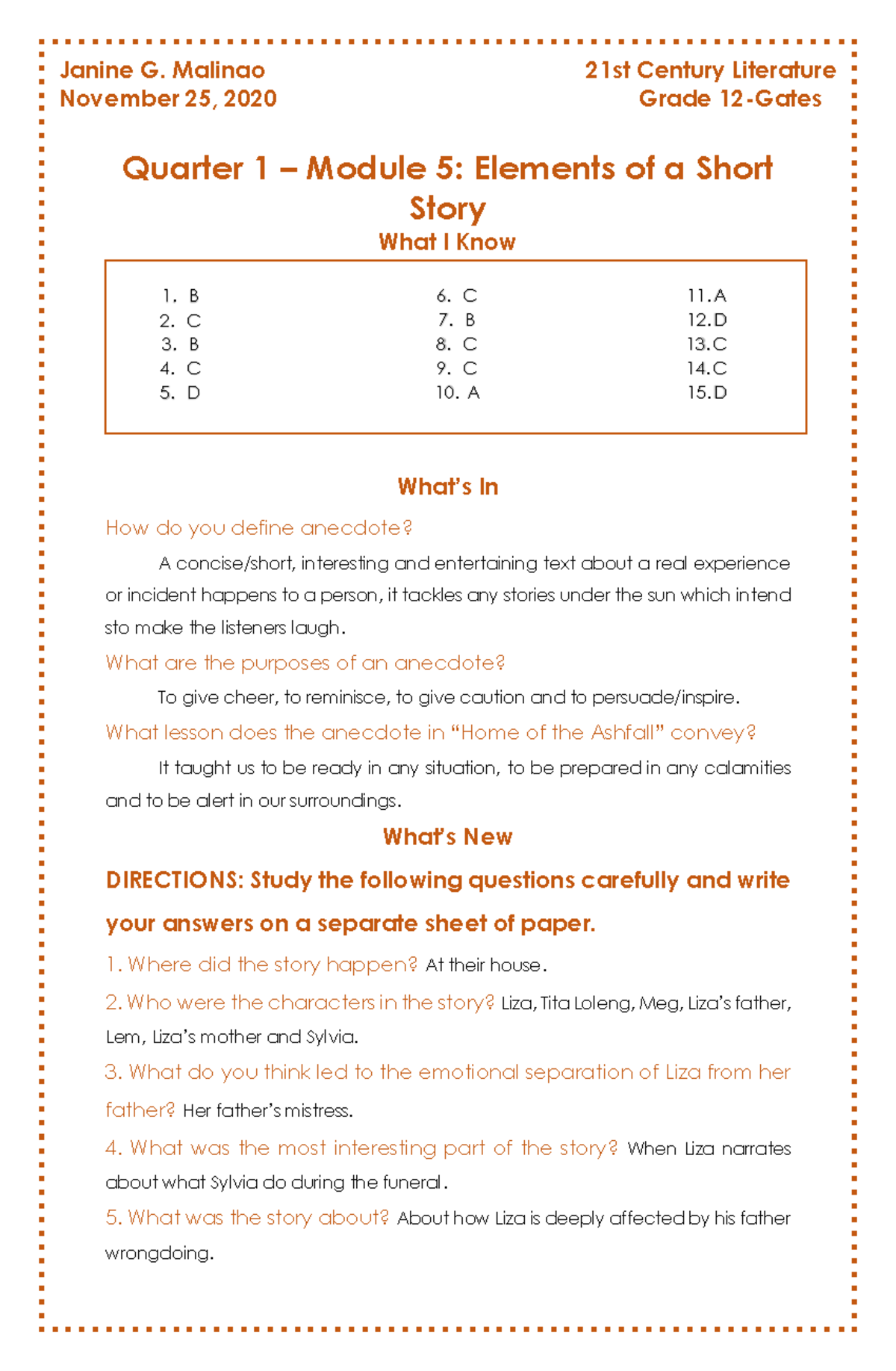 21st Century Literature Module 5: Elements of a Short Story Analysis ...
