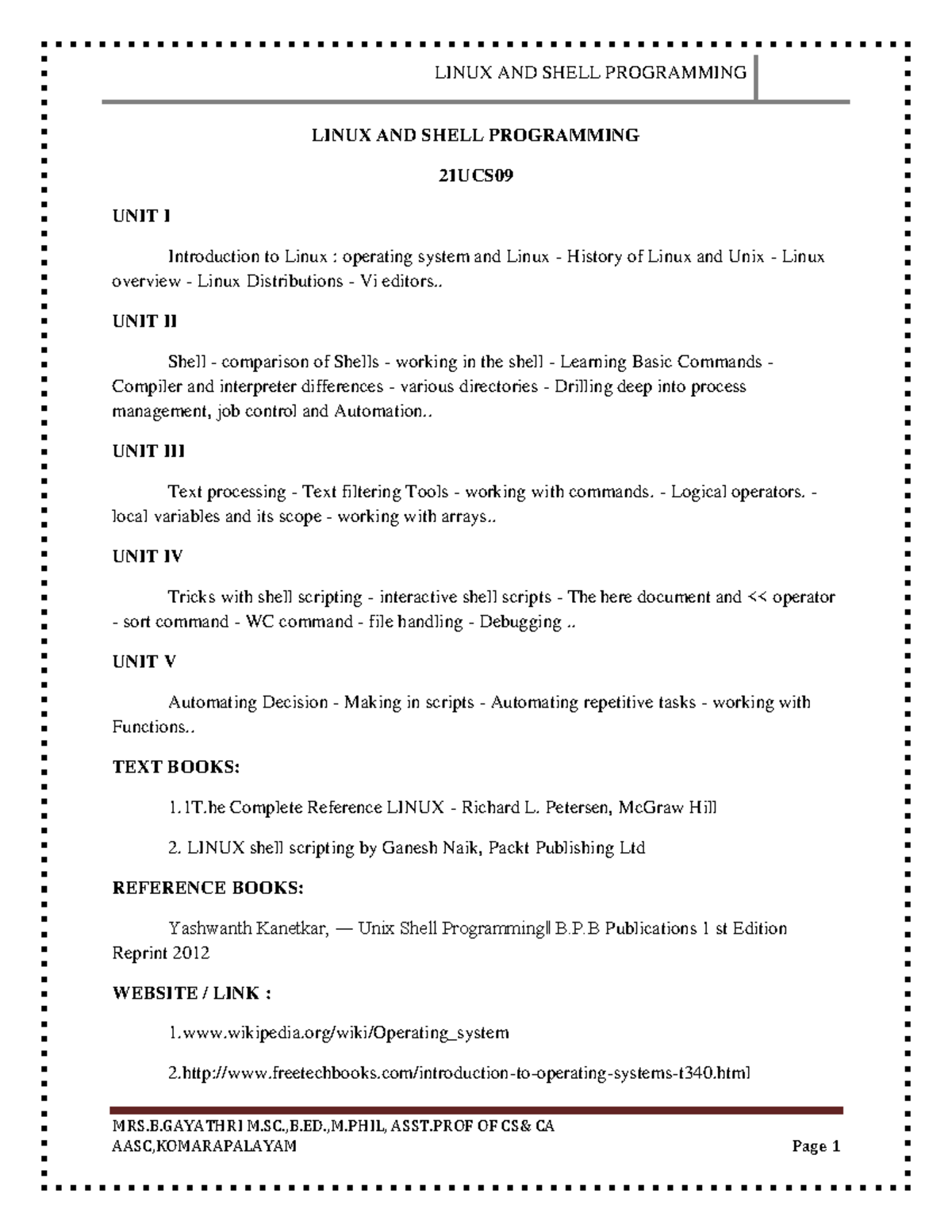 Linux AND Shell Programming III CS - MRS.B M.,B.,M, ASST OF CS& CA ...