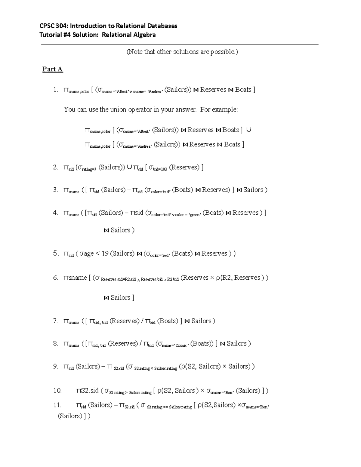 CPSC 304: Tutorial 4 solution for relational algebra exercises - Studocu