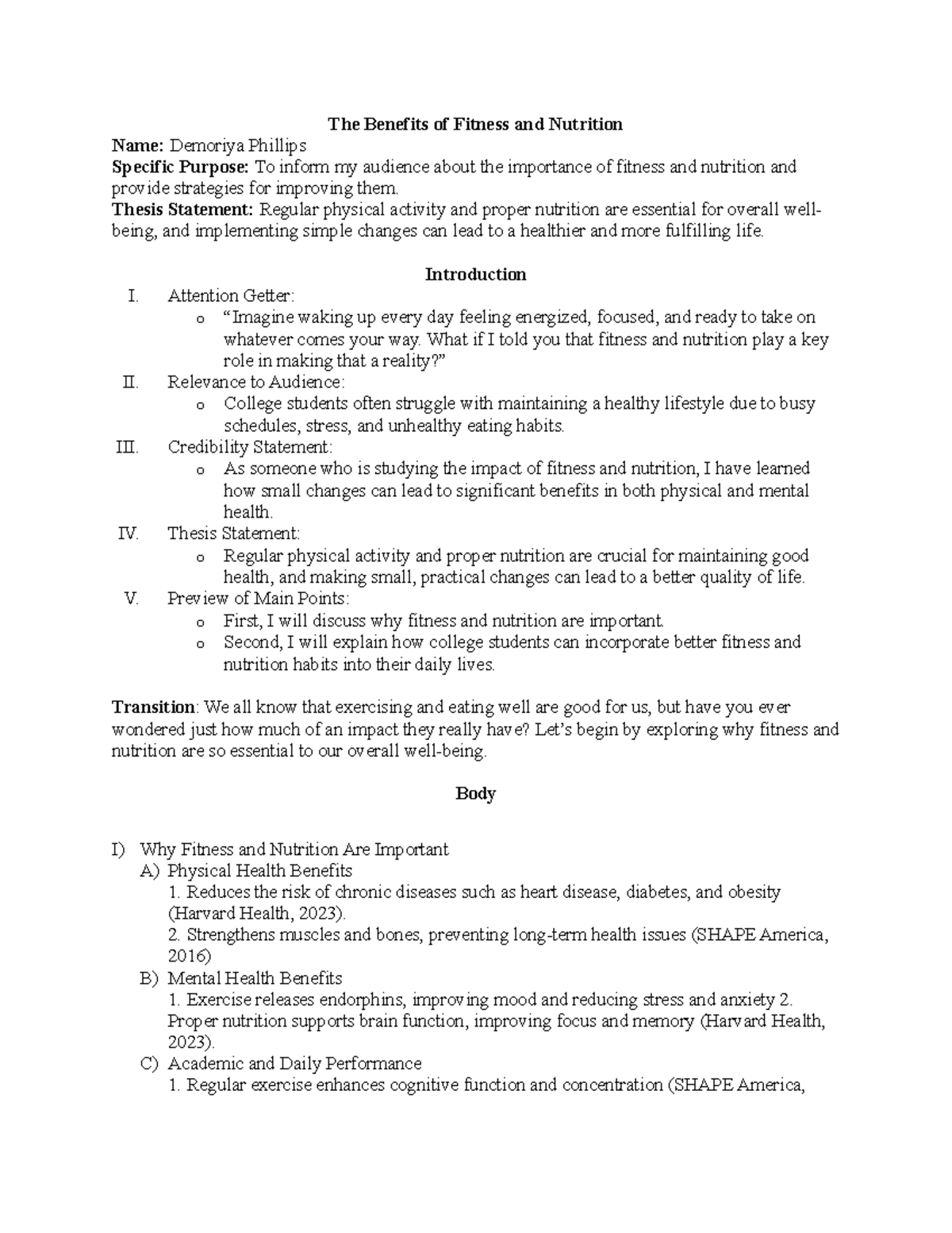 Info Speech Formal Outline: Fitness & Nutrition Benefits (Course Code ...
