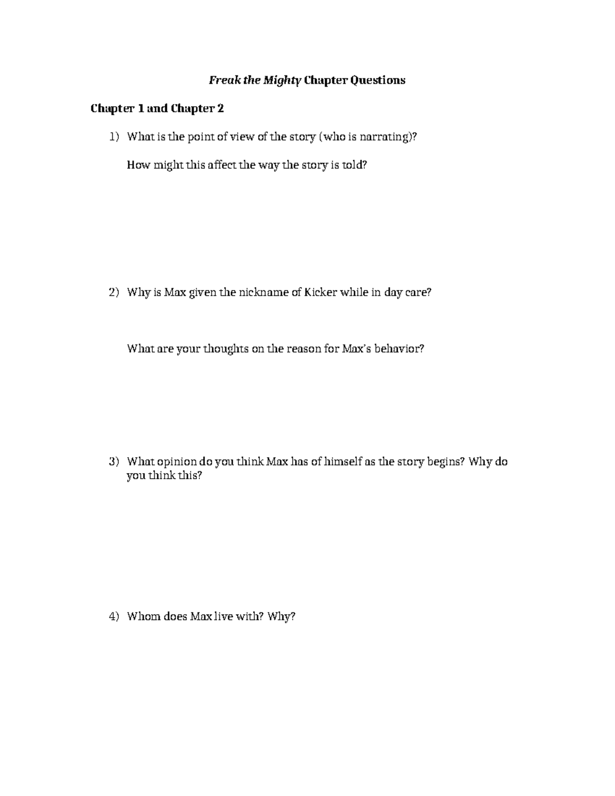 Freak the Mighty Chapter Questions Analysis and Insights 2015 - Studocu