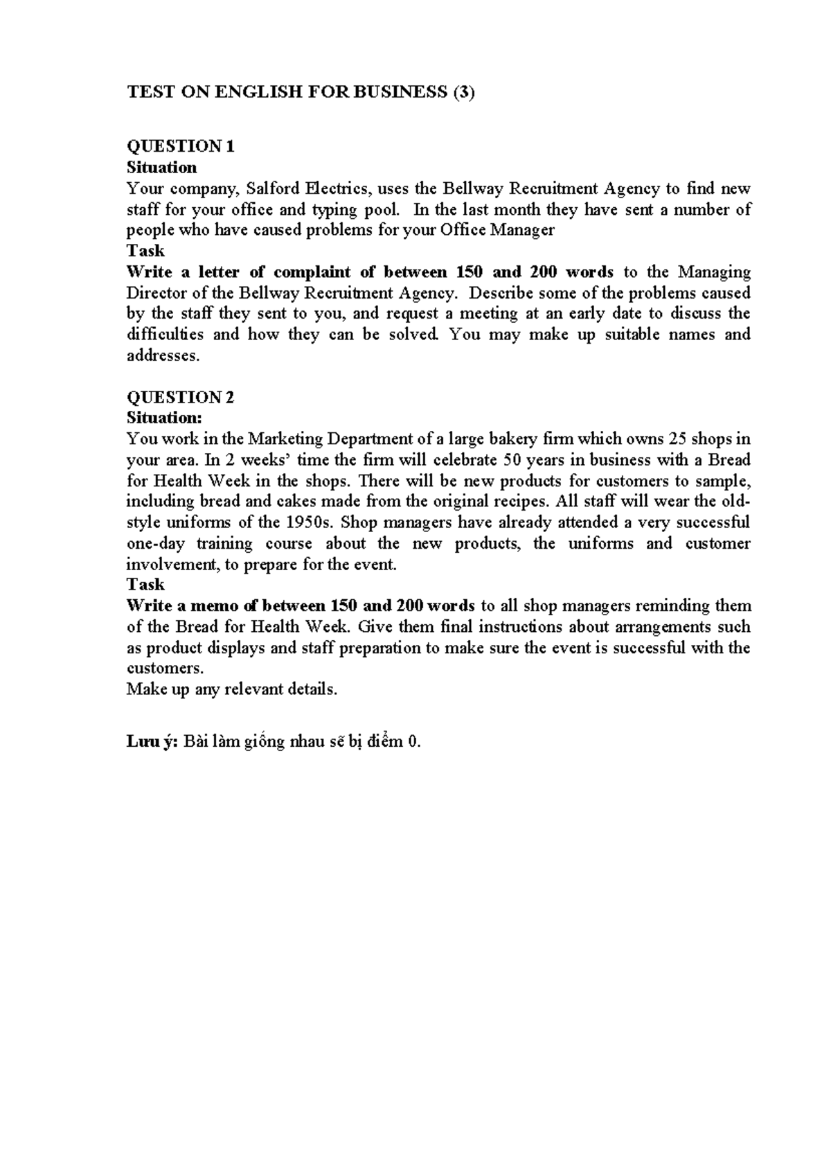Test on English for business (3): Complaint letter and memo tasks - Studocu