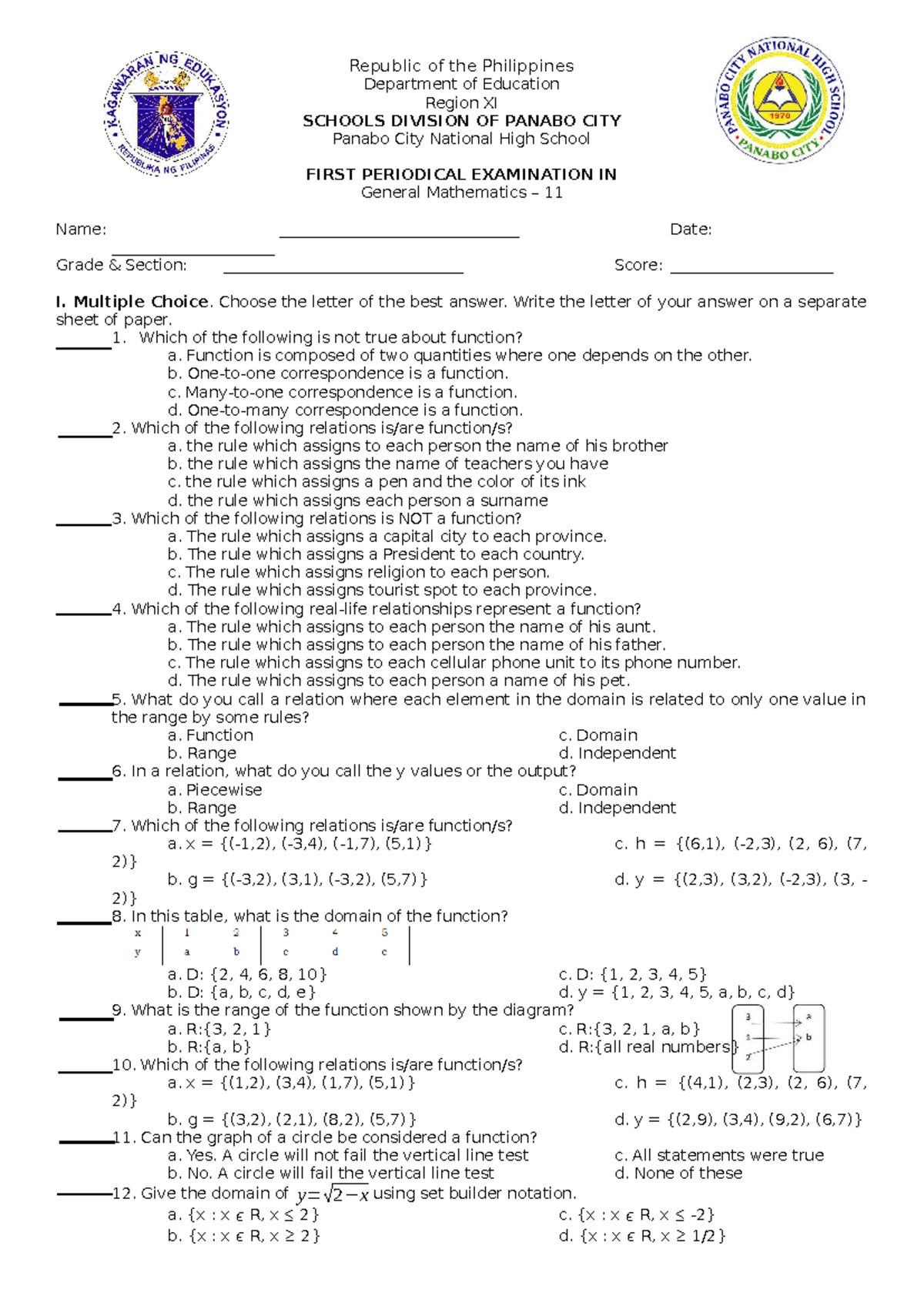 Question Genmath 1st Quarter - Republic of the Philippines Department ...