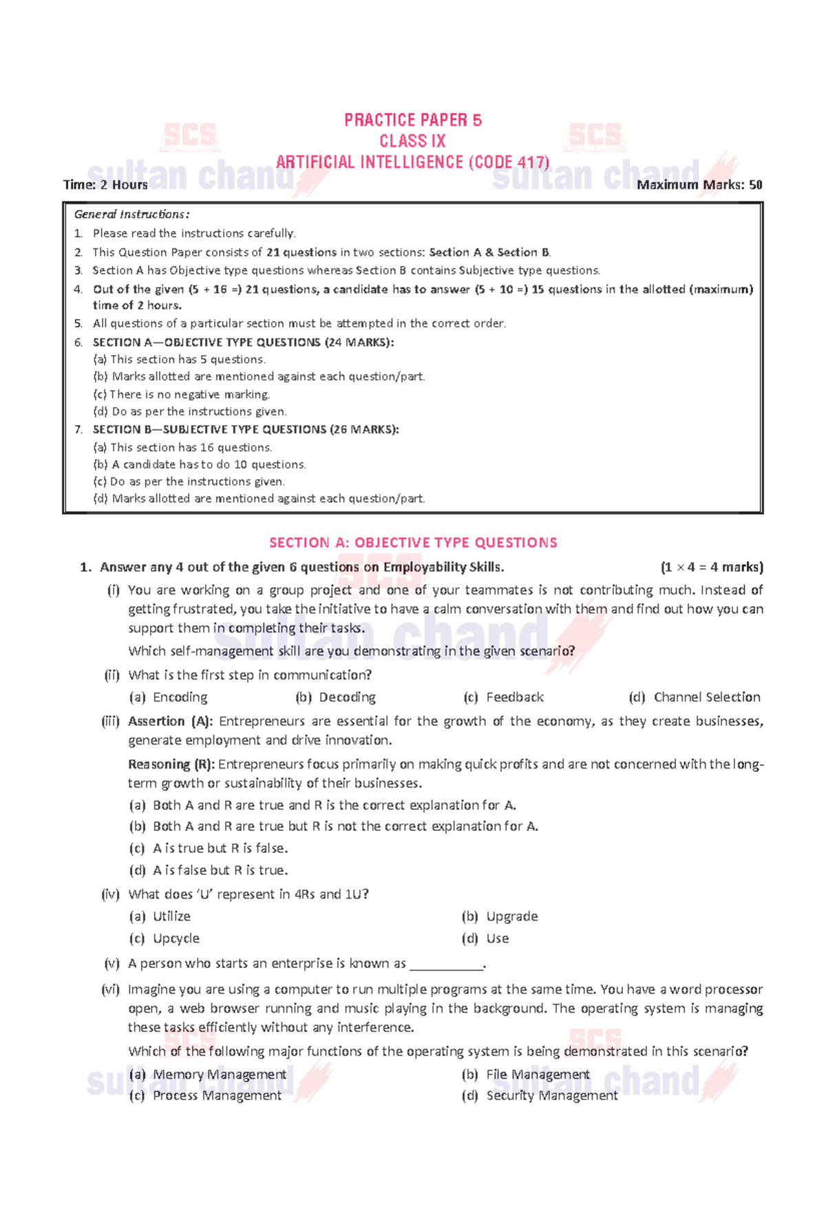 AI (Class IX) Practice Paper 5 - Exam Format & Questions - Studocu