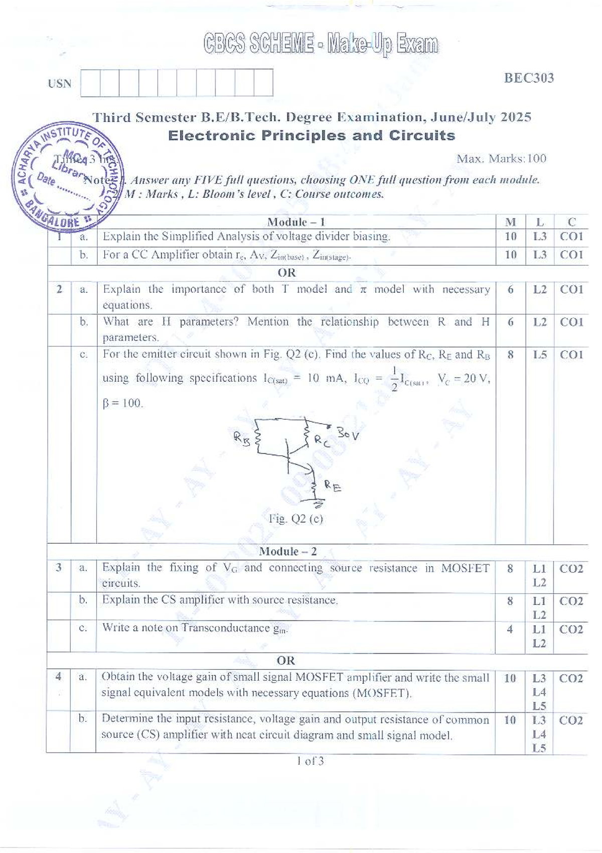 BEC303 Electronic Principles and Circuits - Semester Exam QP 2025 - Studocu